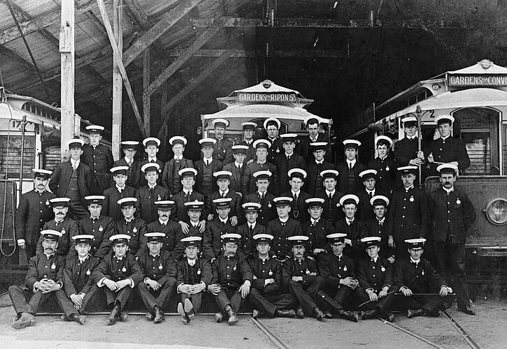 Negative - Group Portrait of Tram Drivers at Tram Depot, Ballarat ...