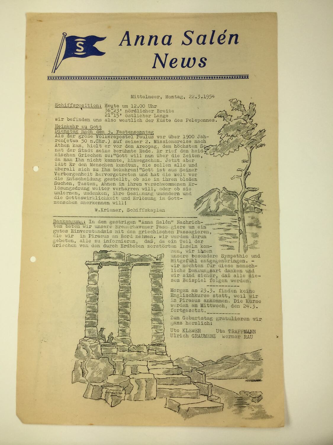Newsletter - Anna Salen News, 22 Mar 1954