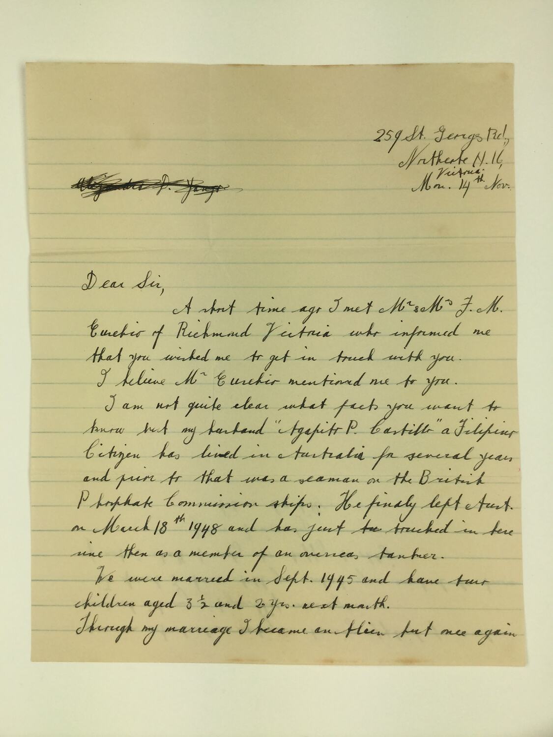 Letter - Aileen Castillo to Alejandro D Yango, 14 Nov circa 1950