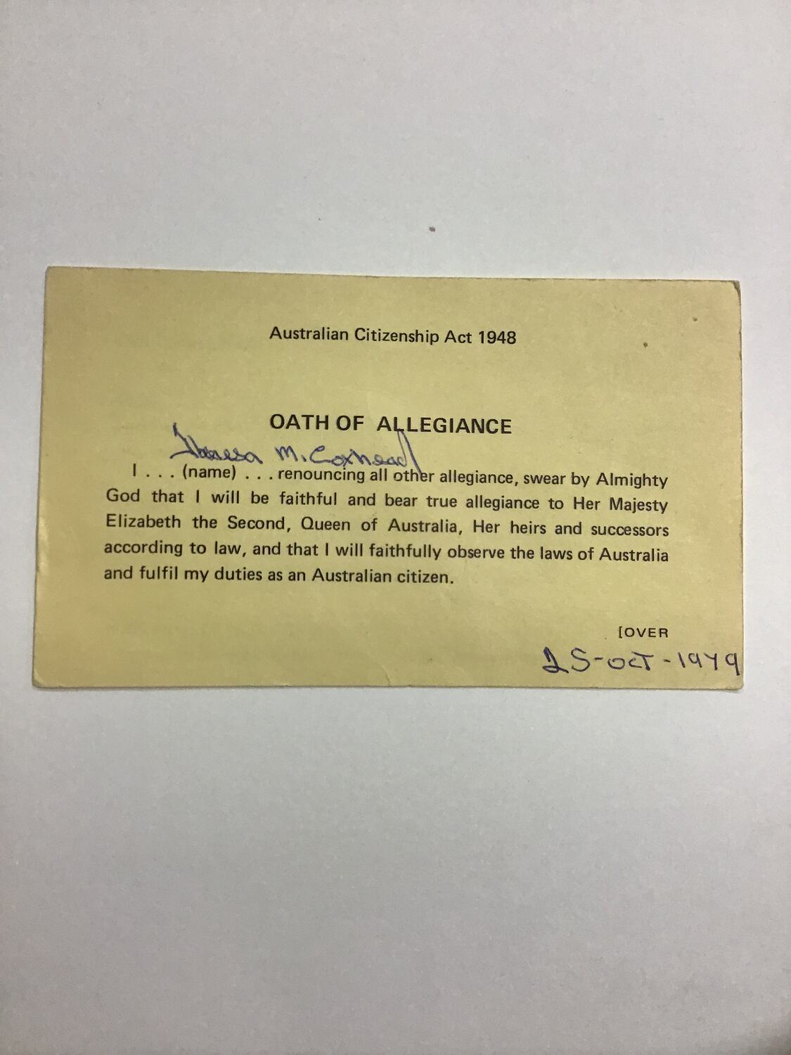 Card - Oath of Allegiance, Teresa Coxhead, Melbourne, 25 Oct 1979
