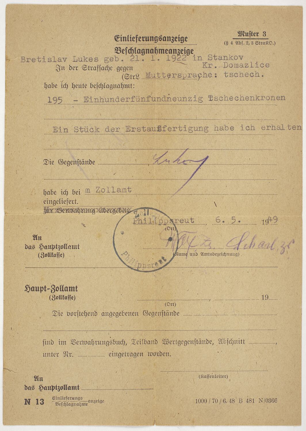 Notice - Customs Confiscation, German, 6 May 1949