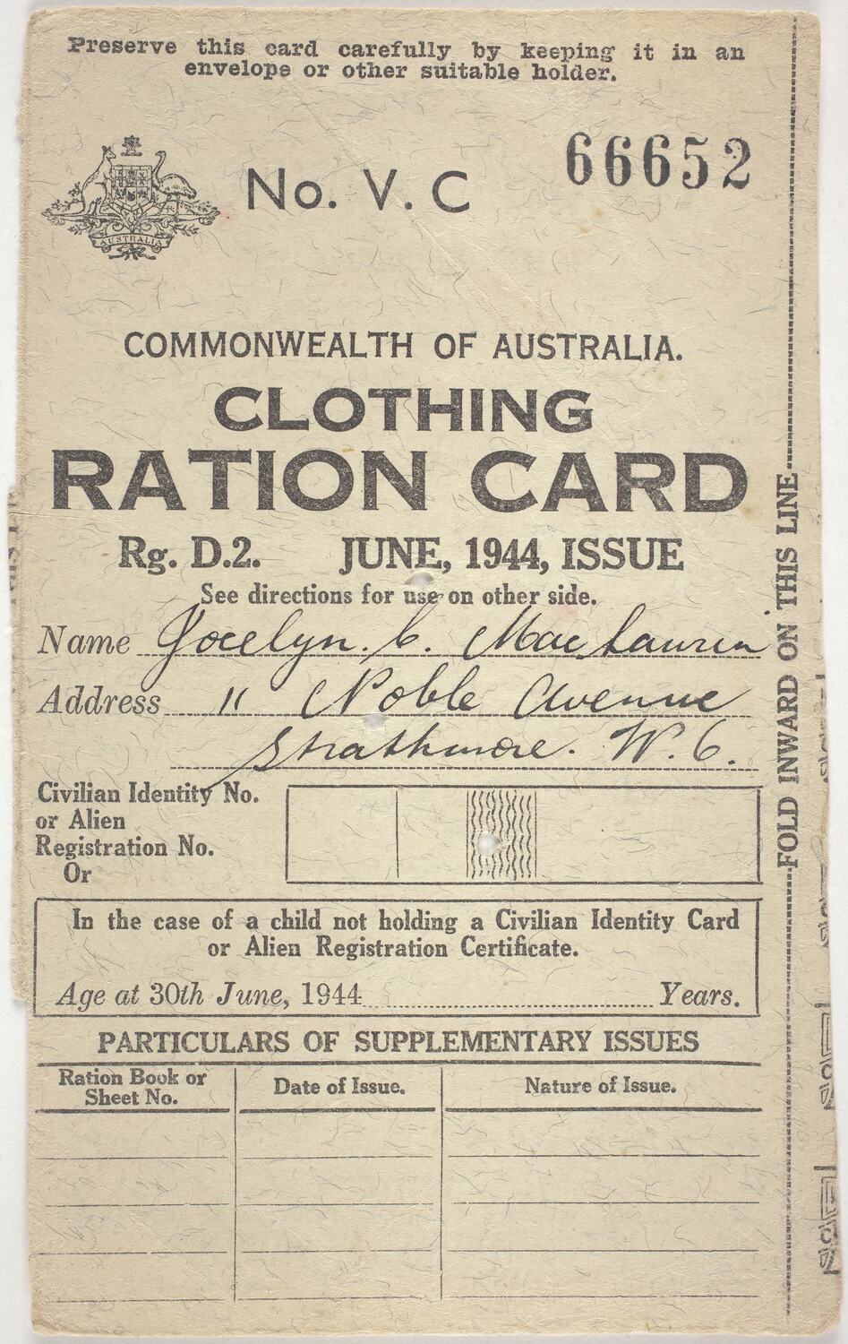 Ration Card - Clothing, Issued to Jocelyn Maclaurin, Commonwealth of ...