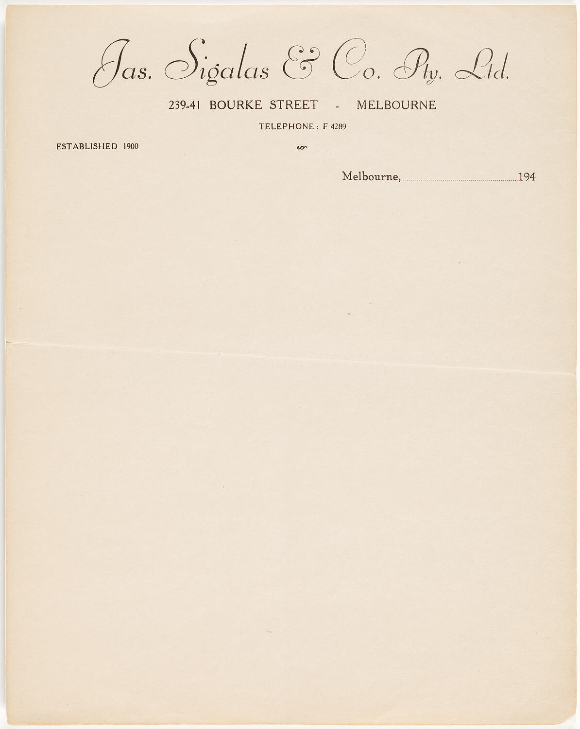 Letterhead - Jas. Sigalas & Co. Pty Ltd, Melbourne, 1940s
