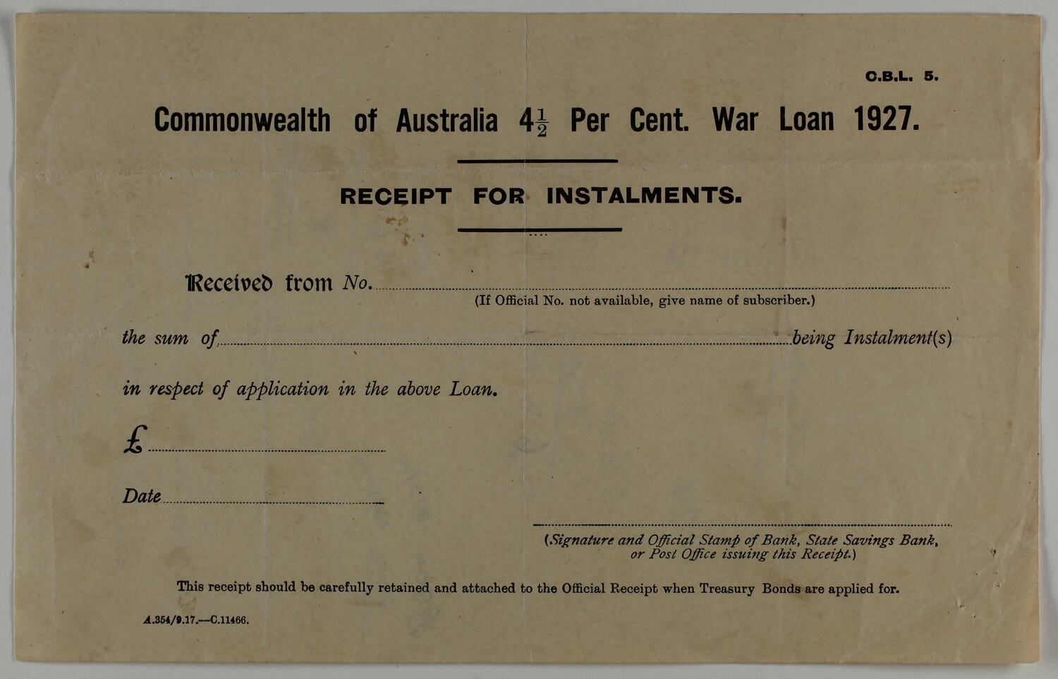 Receipt - Instalments, Commonwealth of Australia 4 ½ per Cent War Loan ...