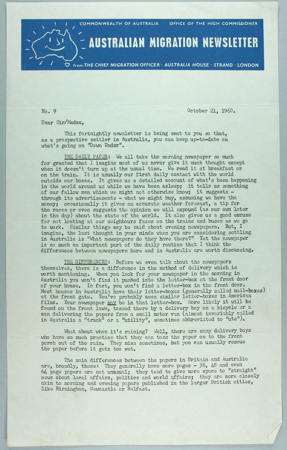 Newsletter - 'Australian Migration Newsletter', 21 Oct 1960