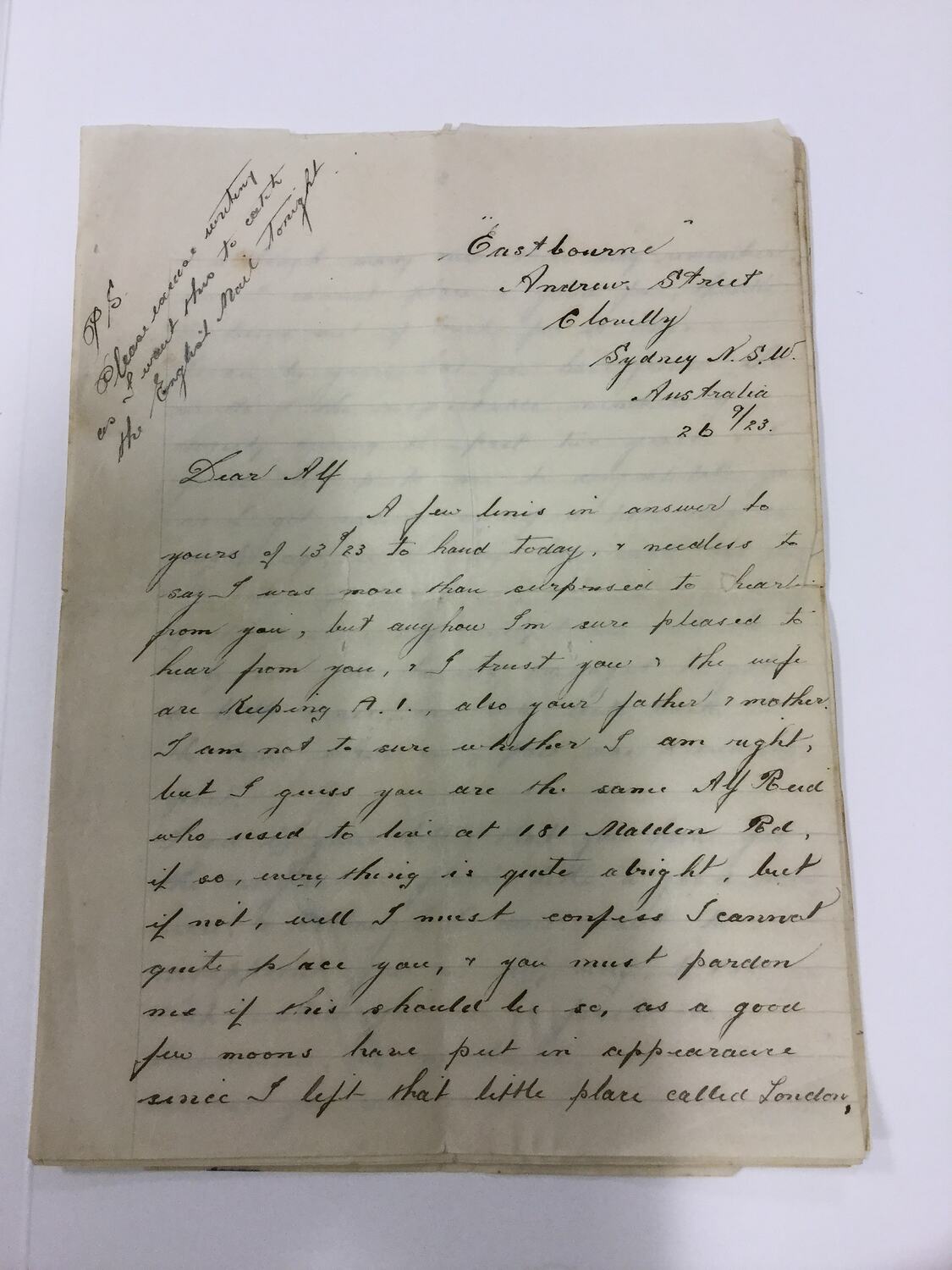 Letter - To Alfred Reid From Harry, Sydney, 26 Sep 1923