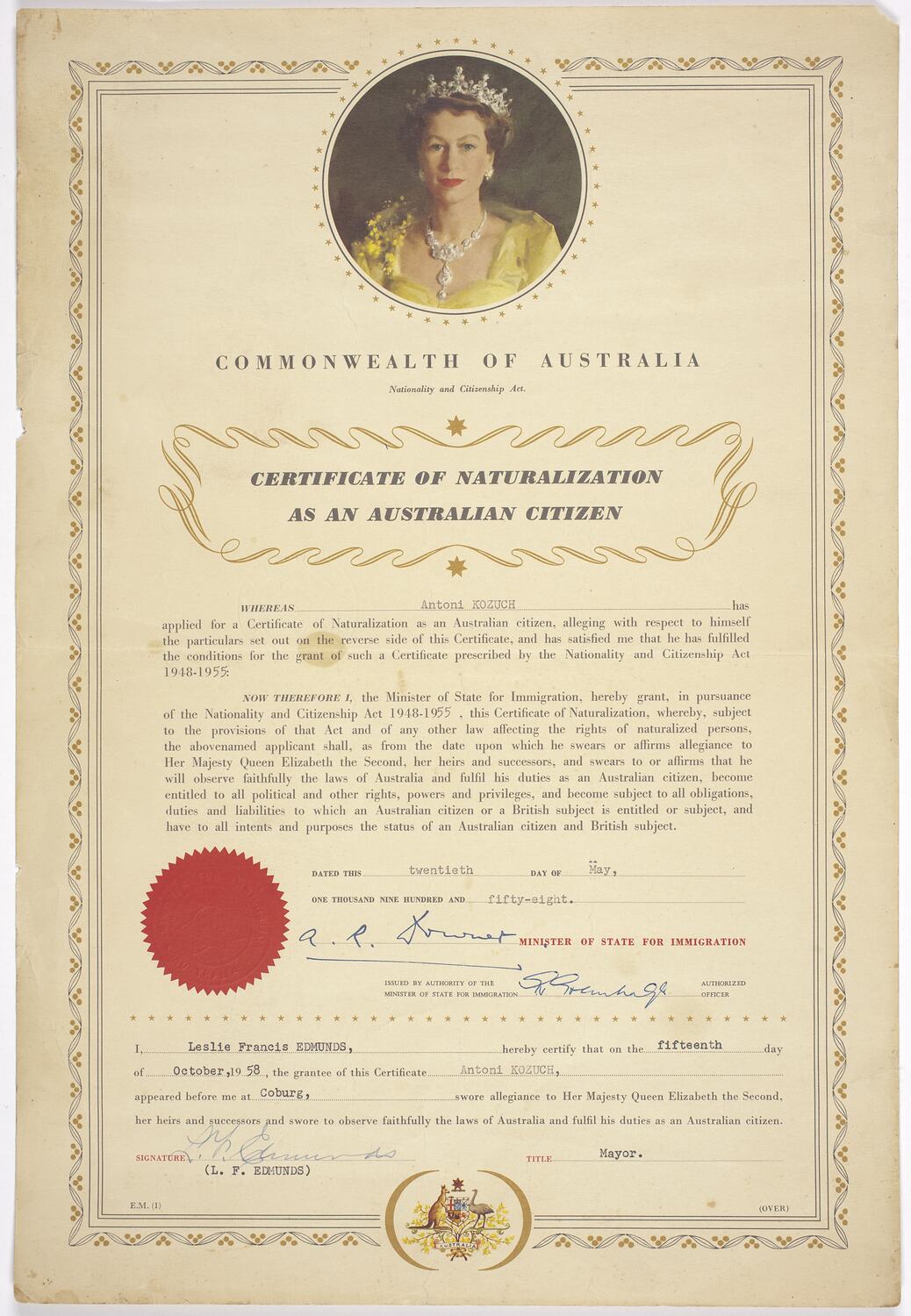 Naturalization Certificate - Issued to Antoni Kozuch, Commonwealth of ...