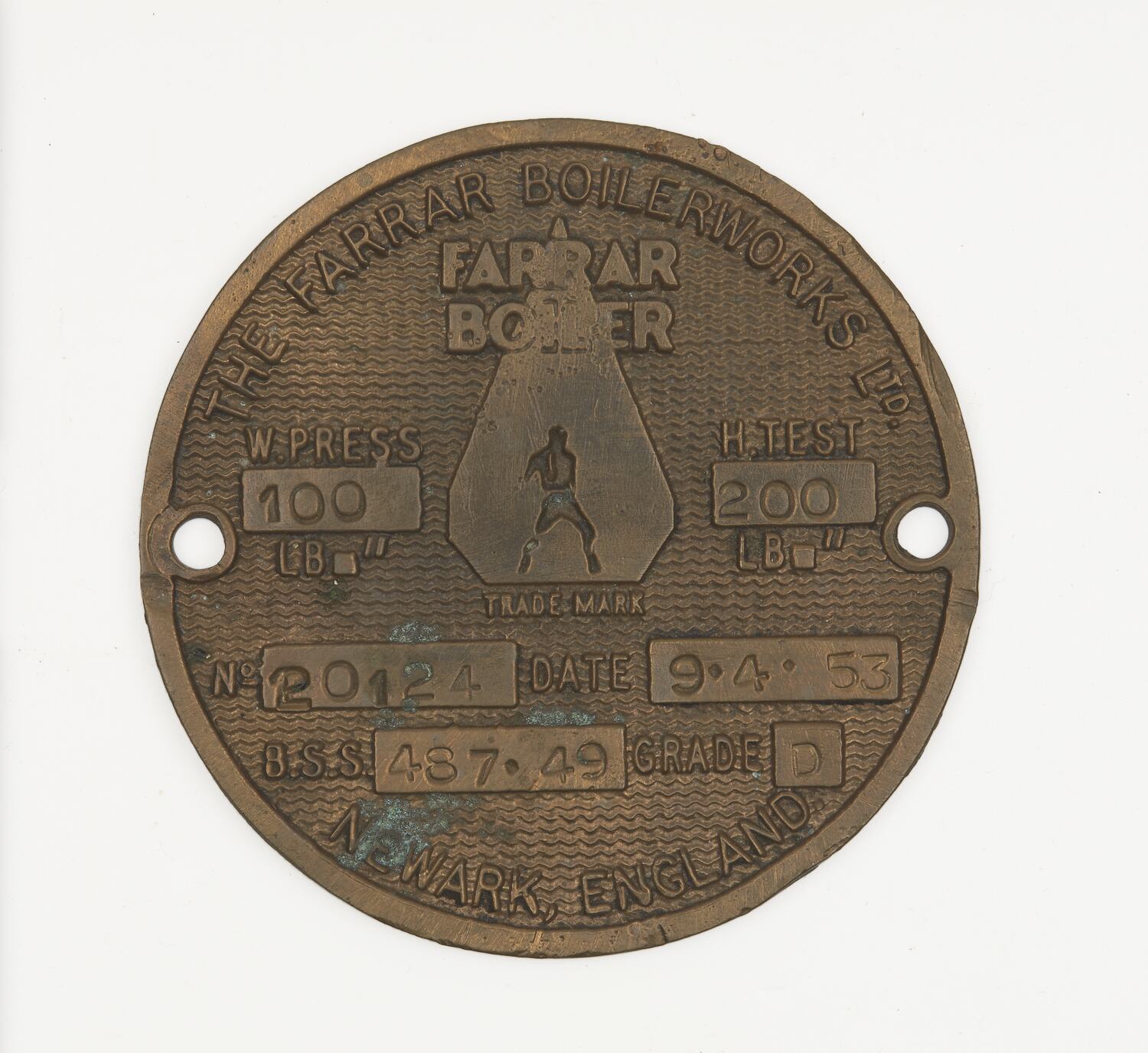 Locomotive Boiler Plate - Farrar Boilerworks Ltd, Newark, England, 1953