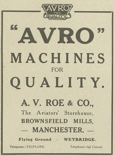 Advertisement - A.V. Roe & Co, 'Avro' Machines for Quality, Brownsfield ...