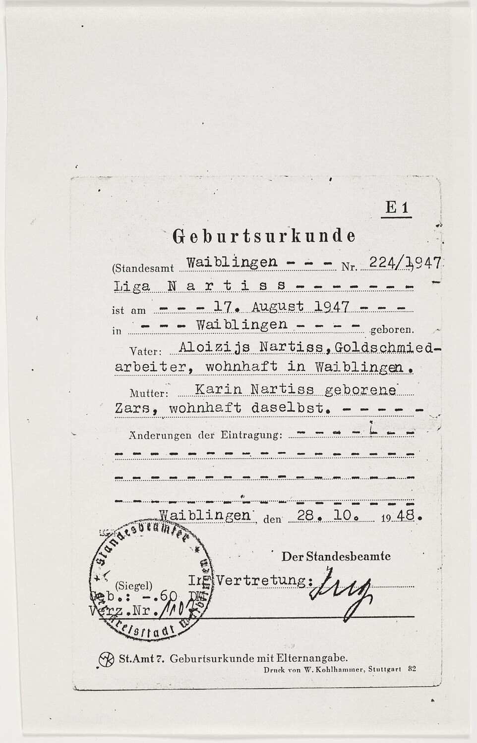 Birth Certificate - Liga Nartiss, Germany, 28 Oct 1948