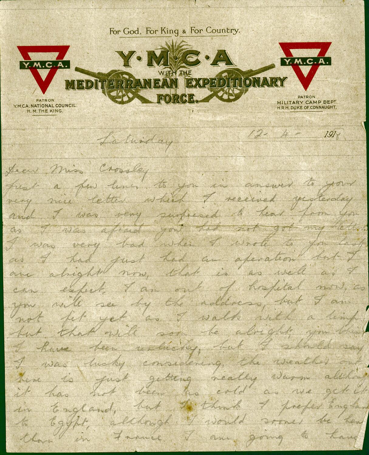 Letter - Page 1, Private Fred Griesbach, to Miss Florence Crossley ...