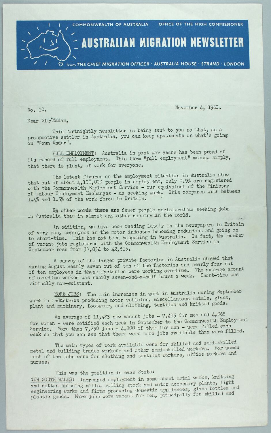 Newsletter - 'Australian Migration Newsletter', 4 Nov 1960