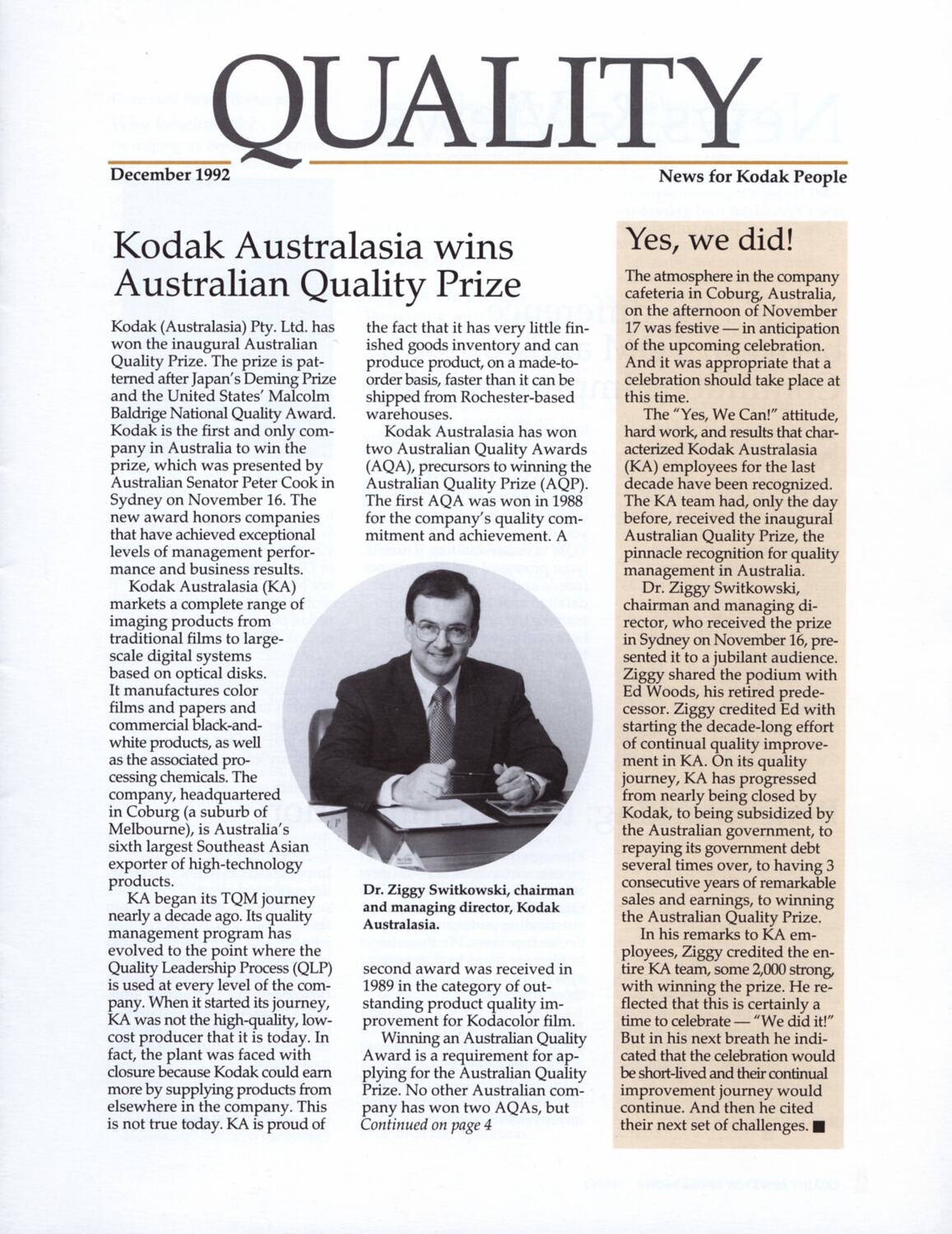 Newsletter - Eastman Kodak, 'Quality', Dec 1992