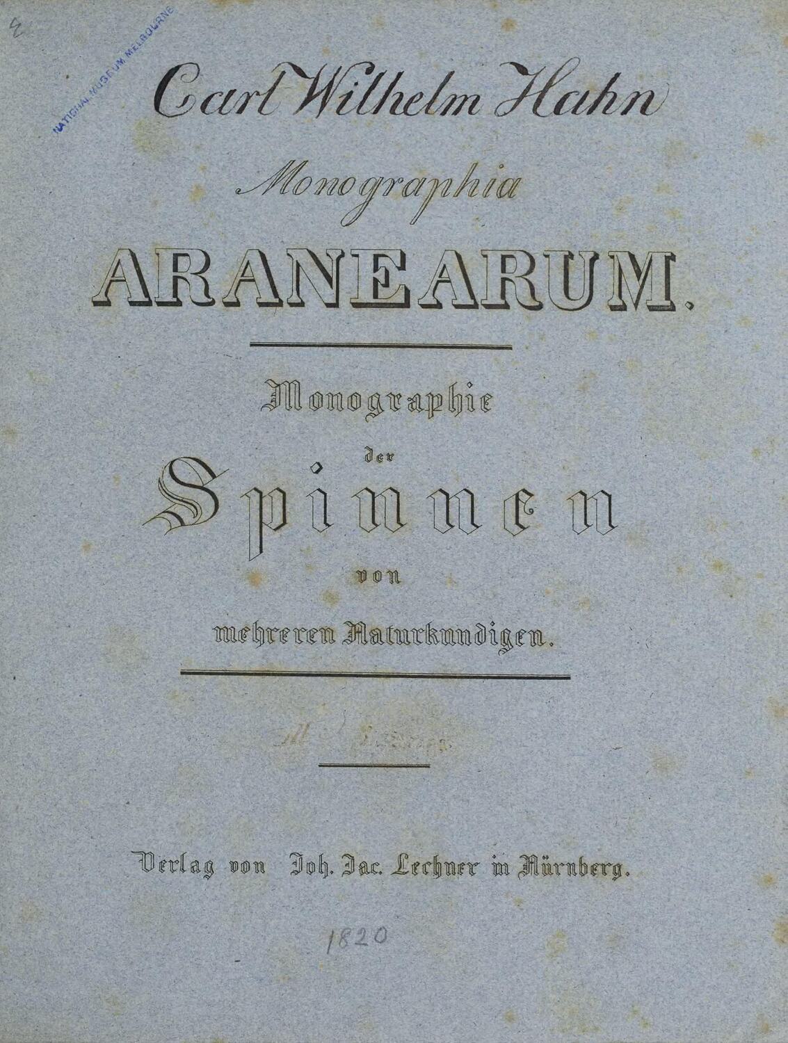 Rare Book - Carl Wilhelm Hahn, 'Monographia Aranearum', Nuremberg ...