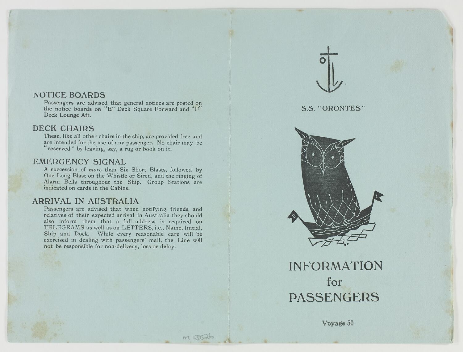 Leaflet - 'SS Orontes Information for Passengers', Orient Line, 1955