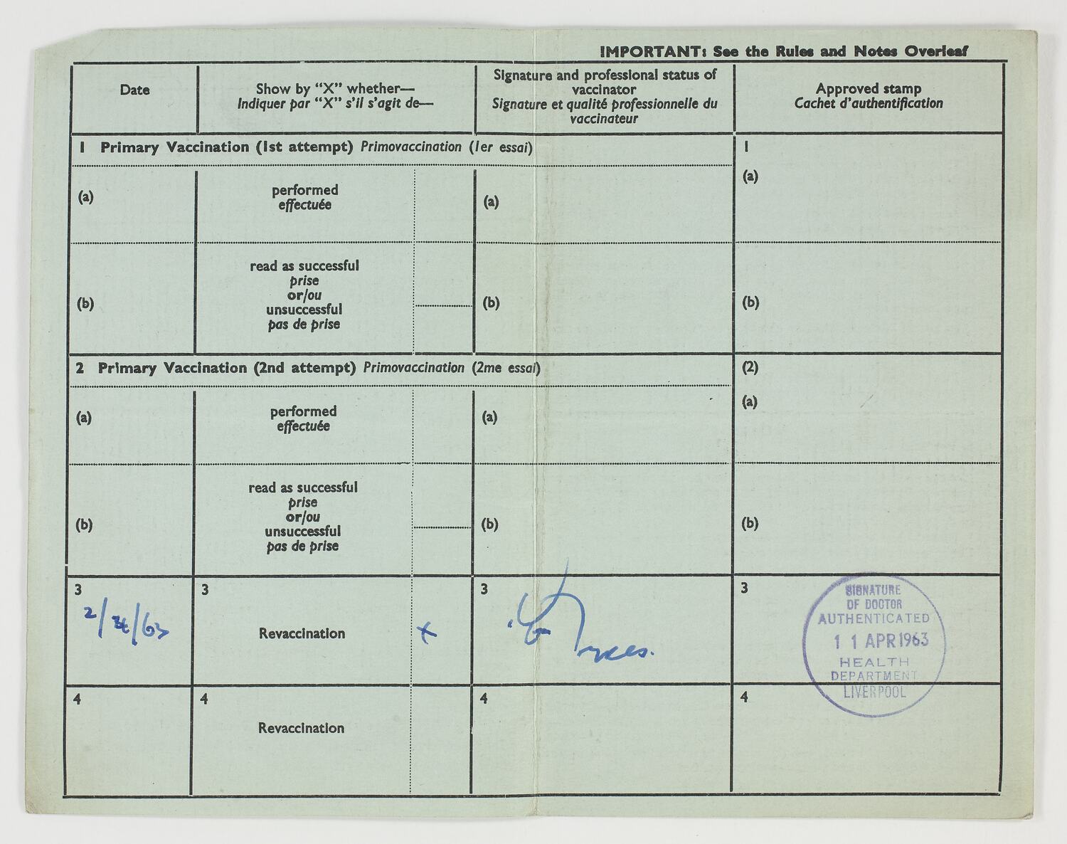 Certificate of Vaccination - Smallpox, John Myerscough, 1963