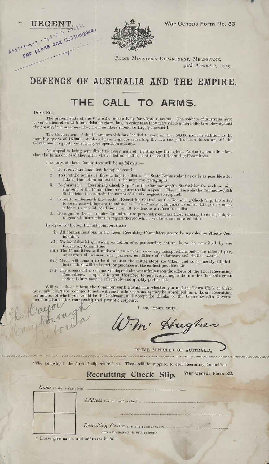 Leaflet - 'The Call to Arms', With Recruiting Check Slip, 30 Nov 1915