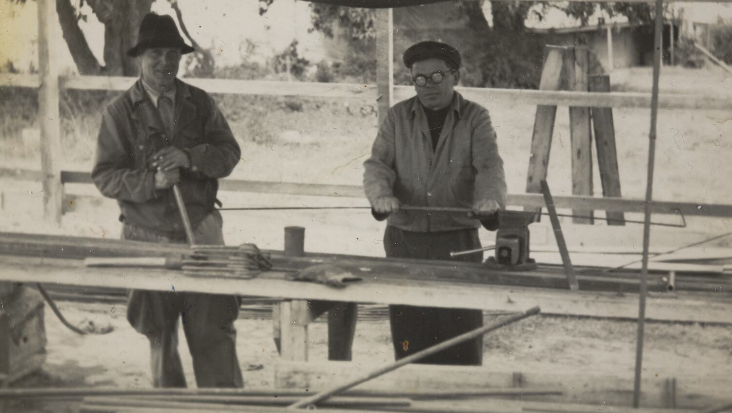 Digital Photograph - Two Men Help Each Other Build a House, Newport, 1951