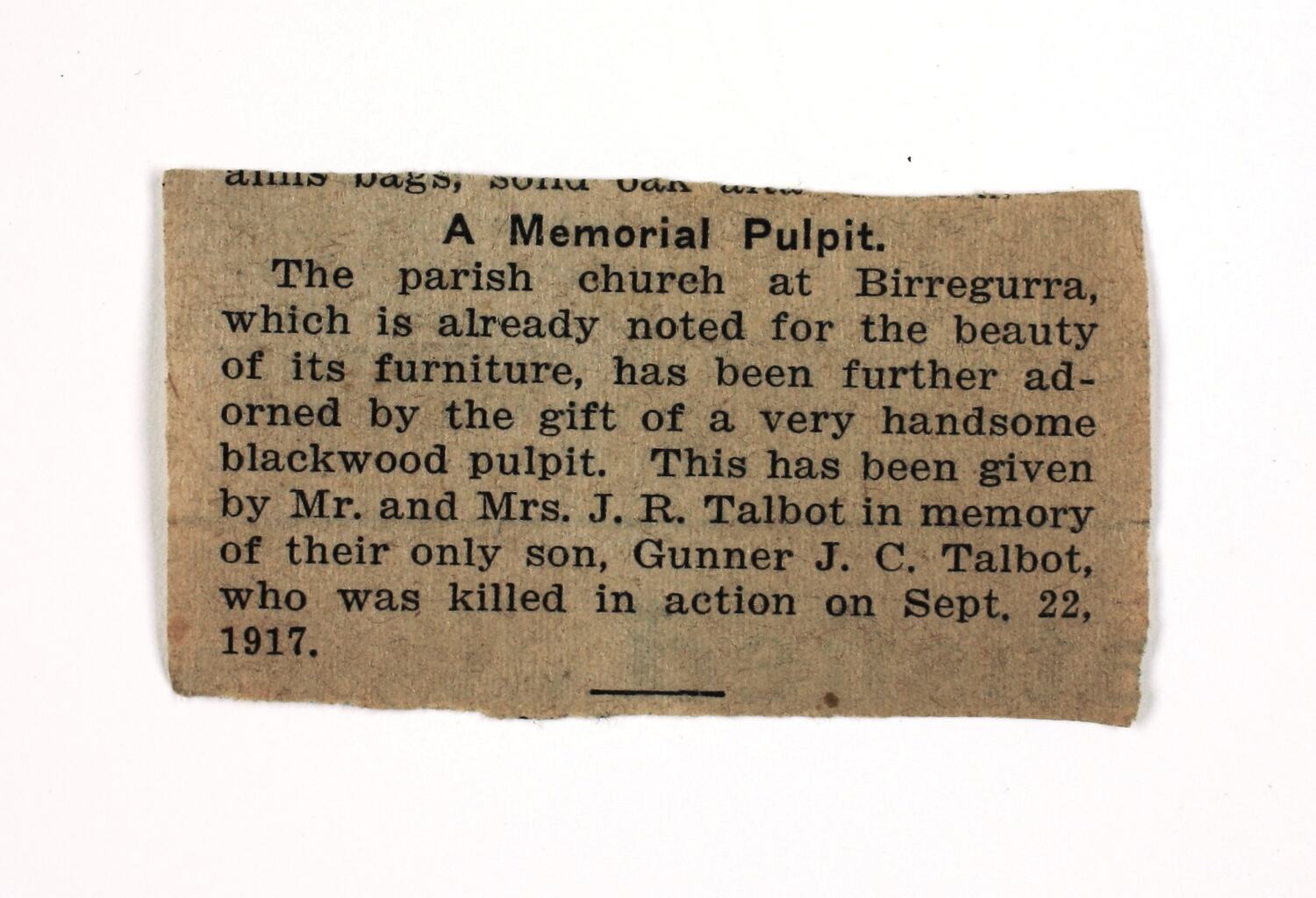 Newspaper Cutting - 'A Memorial Pulpit', In Memory of Gunner James ...