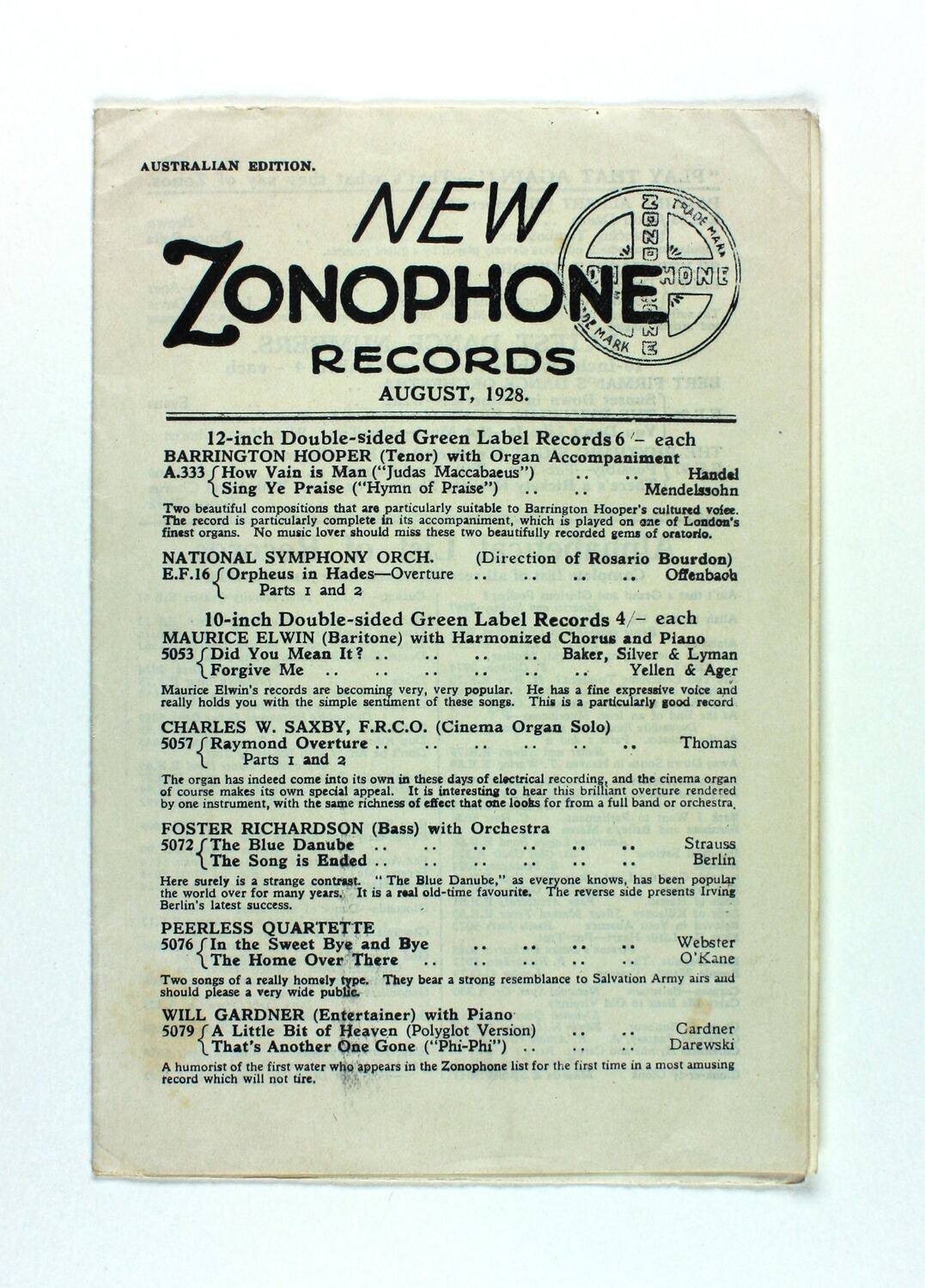 Catalogue - 'New Zonophone Records', Aug 1928