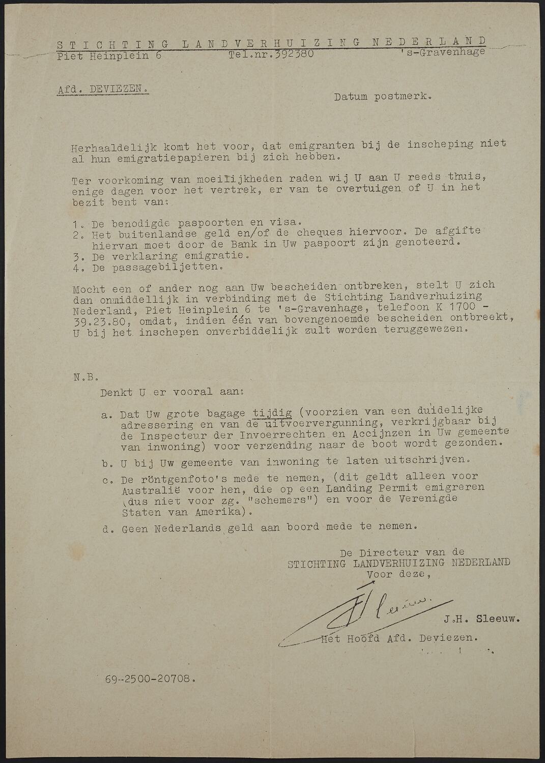 Instruction Sheet - Immigration Requirements, The Netherlands, circa 1952