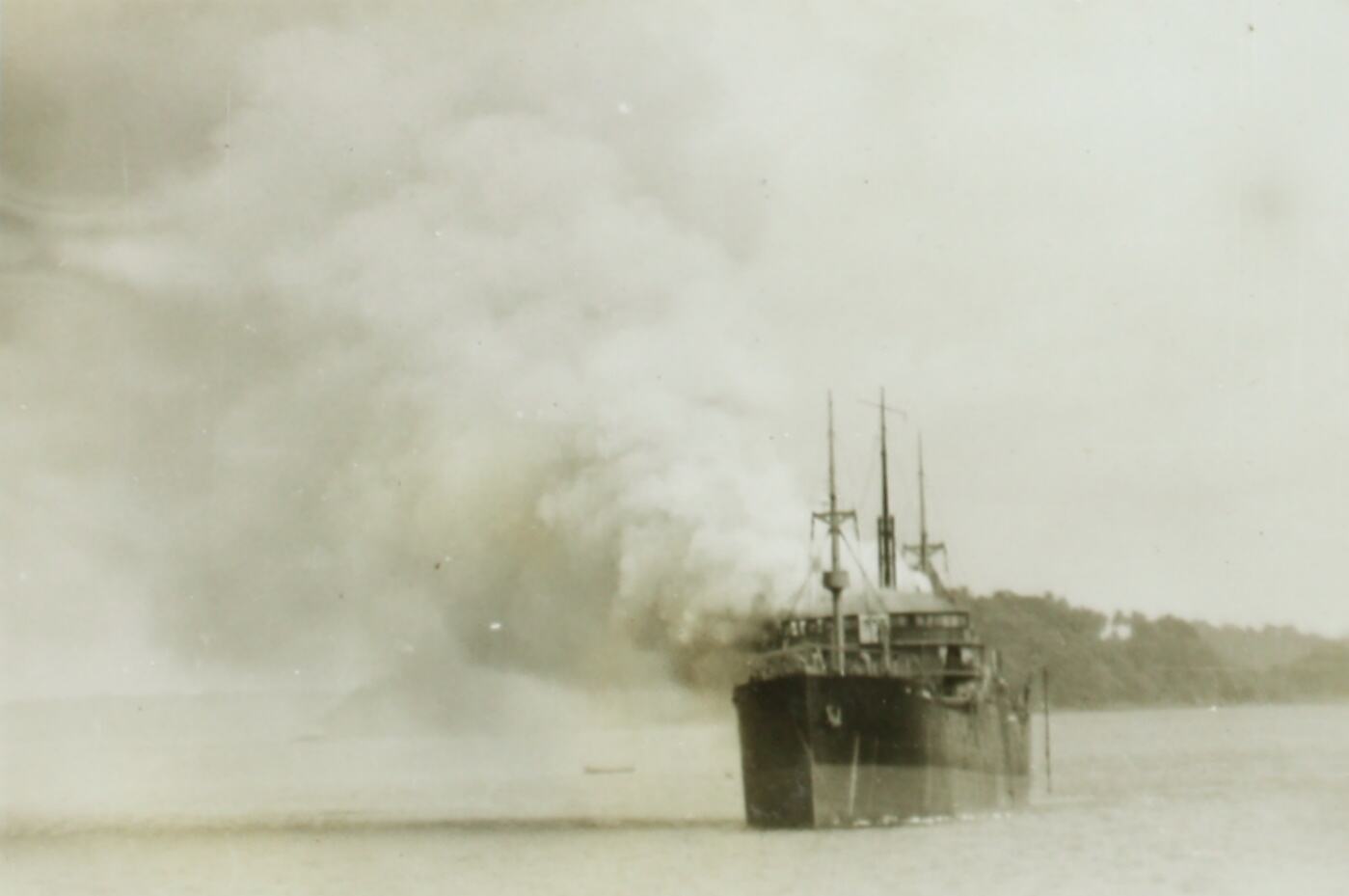 Photograph - SS Nora Mulla on Fire, Indonesia, World War II, Feb 1942