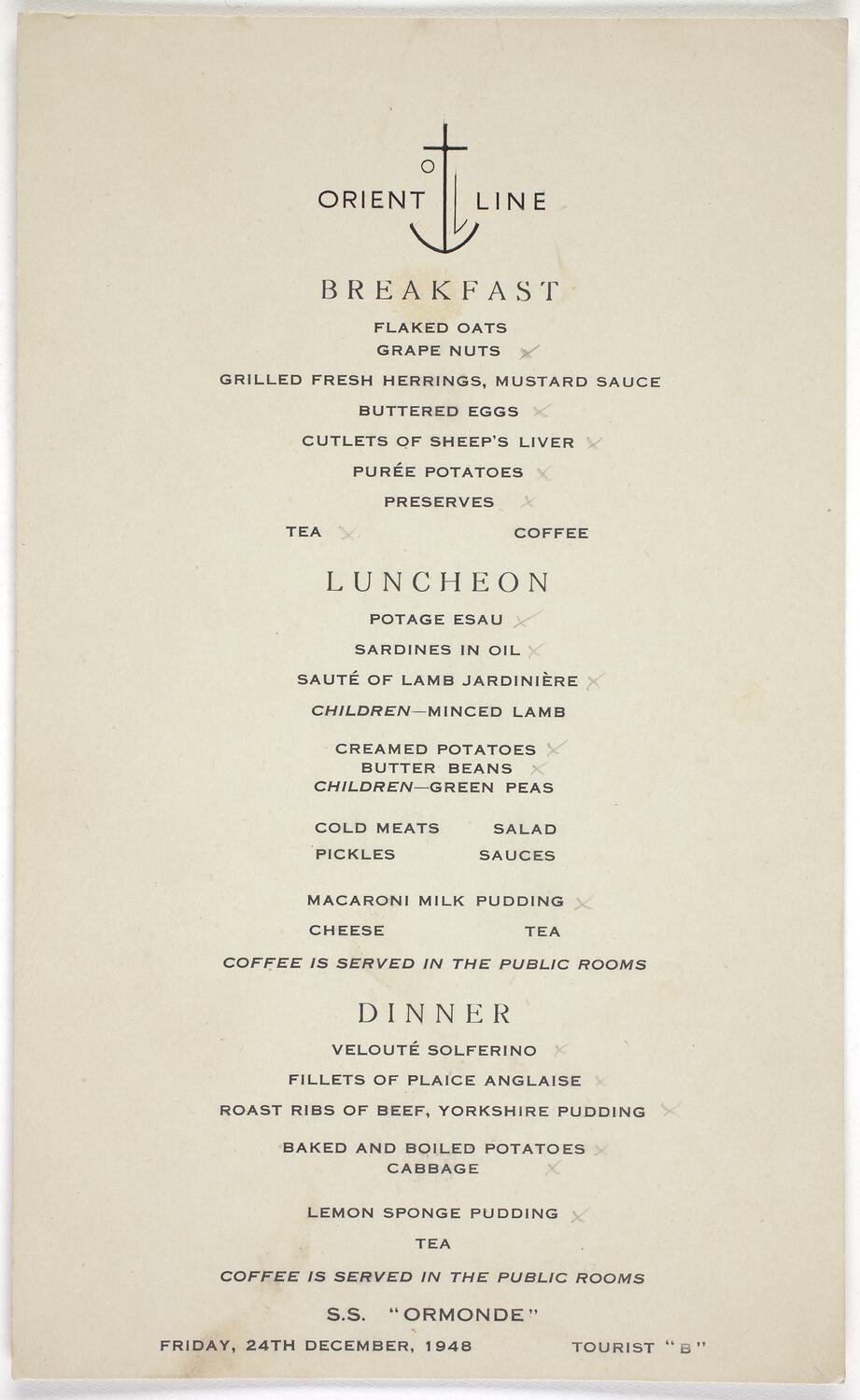 Menu - RMS Ormonde, Orient Line, Breakfast, Lunchon & Dinner, 24 Dec 1948