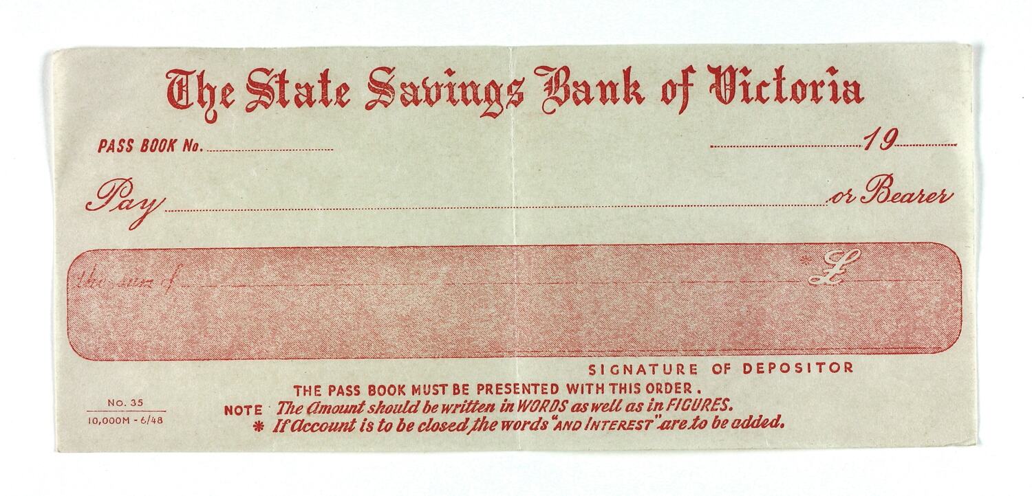 Cheque - State Savings Bank of Victoria, Melbourne, Jun 1948