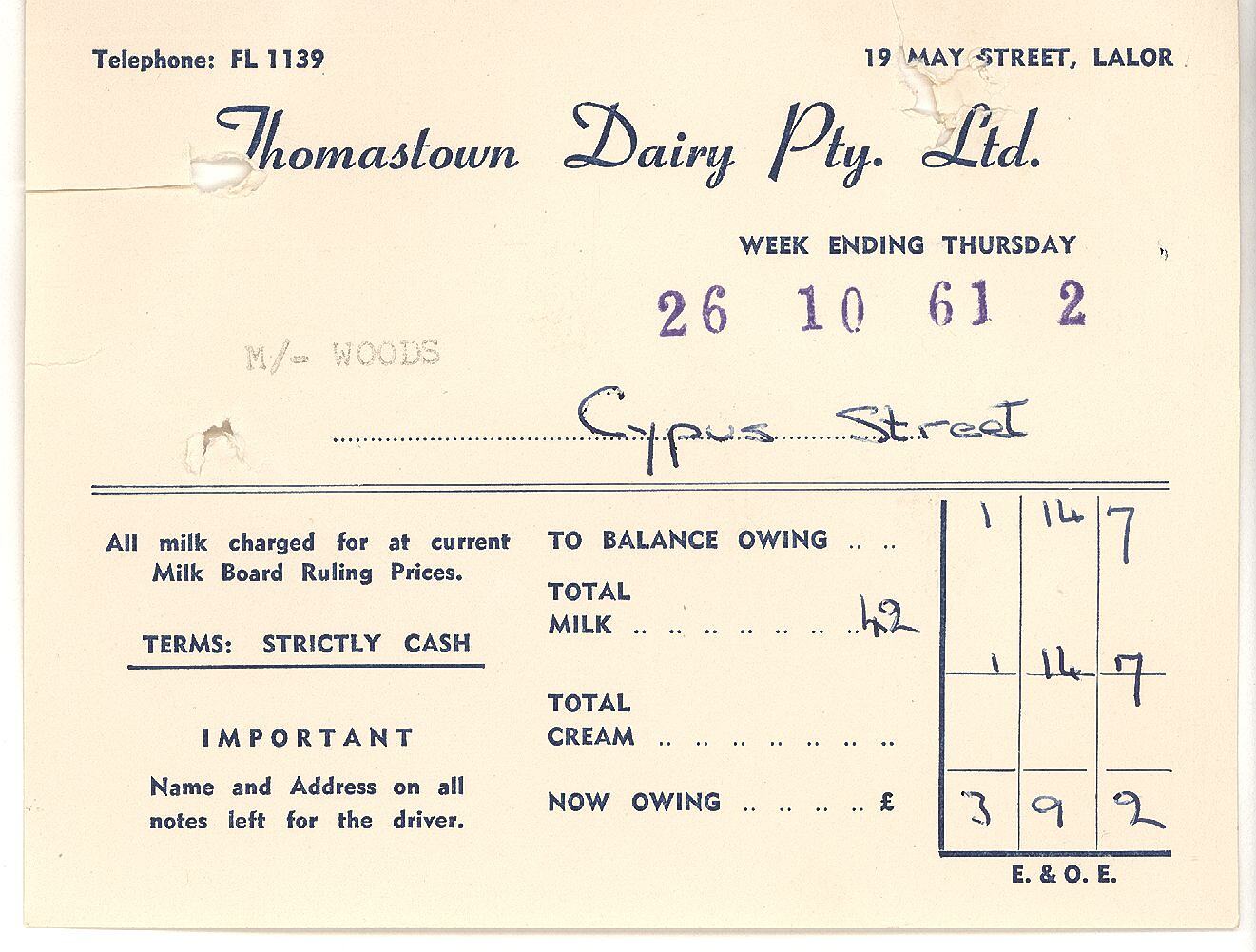 Invoice - Thomastown Dairy Milk Deliveries, Barbara & John Woods, Lalor ...