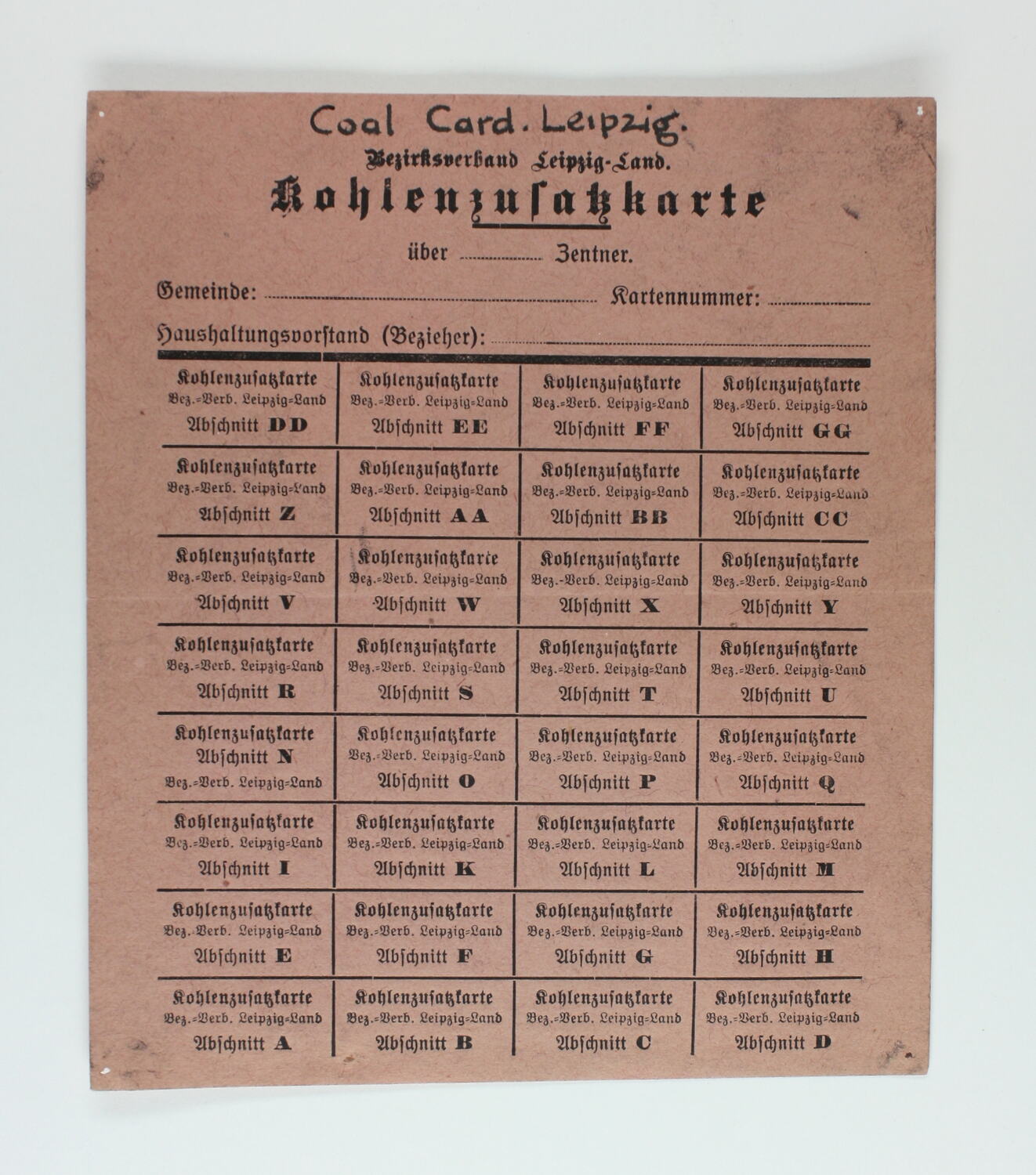 Ration Card - Coal, Leipzig, Germany, circa 1920