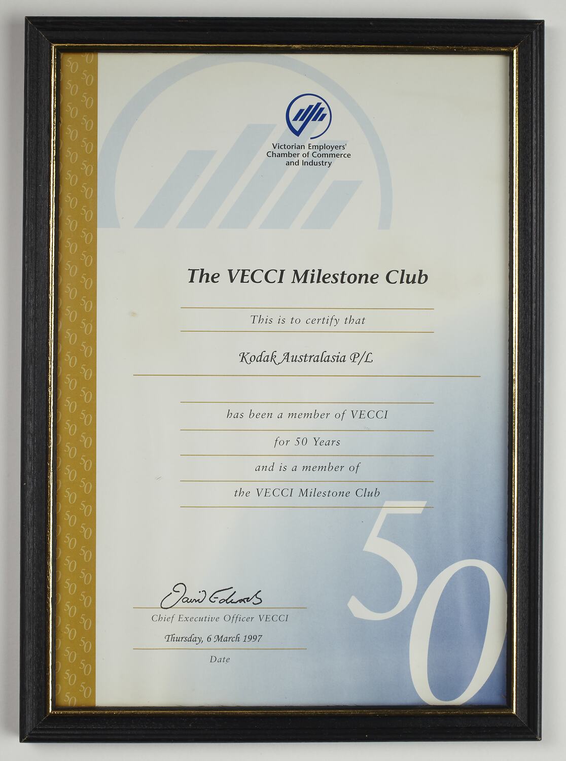 Certificate - The VECCI Milestone Club, Presented to Kodak, Framed