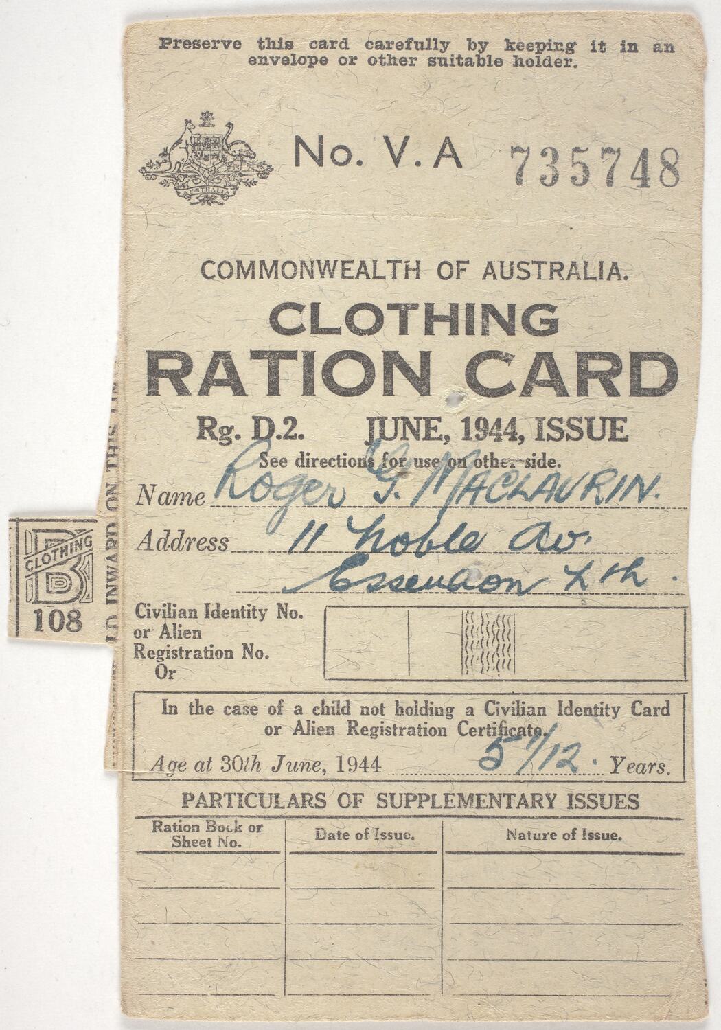 Ration Card - Clothing, Issued to Roger Maclaurin, Commonwealth of ...