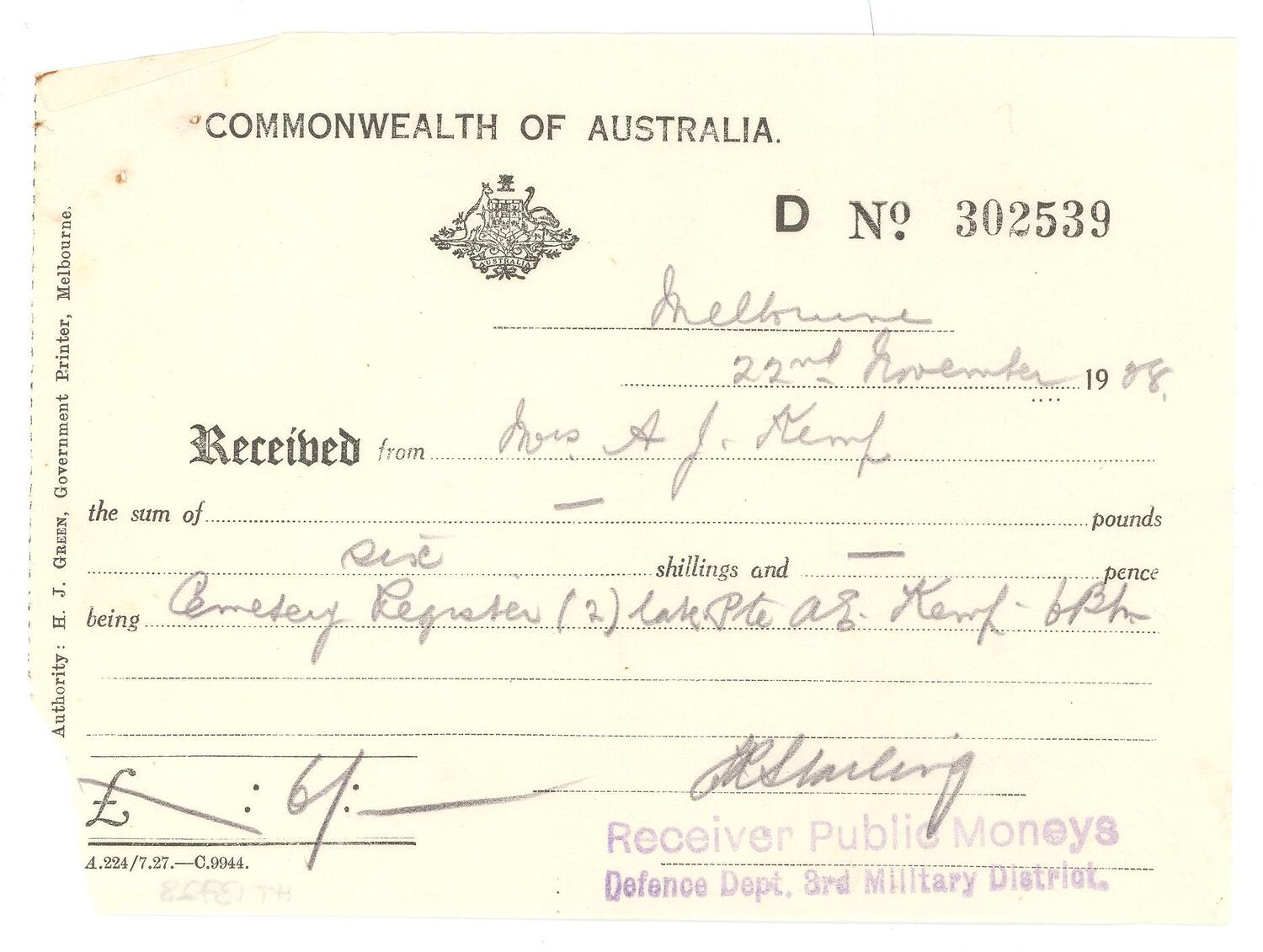 Receipt - Cemetery Register, Commonwealth of Australia, 22 Nov 1928