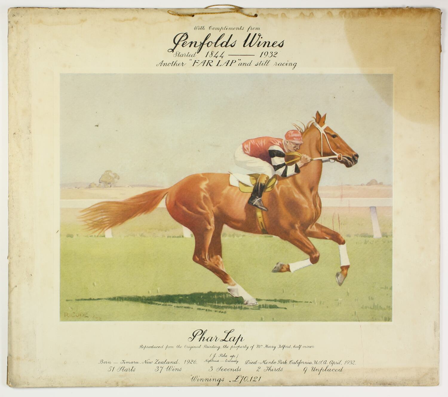 Advertising Print - Penfolds Wines, Phar Lap, 1932