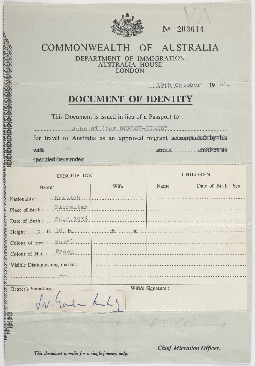 Identity Document - Issued to John Gordon-Kirkby, by Commonwealth of ...