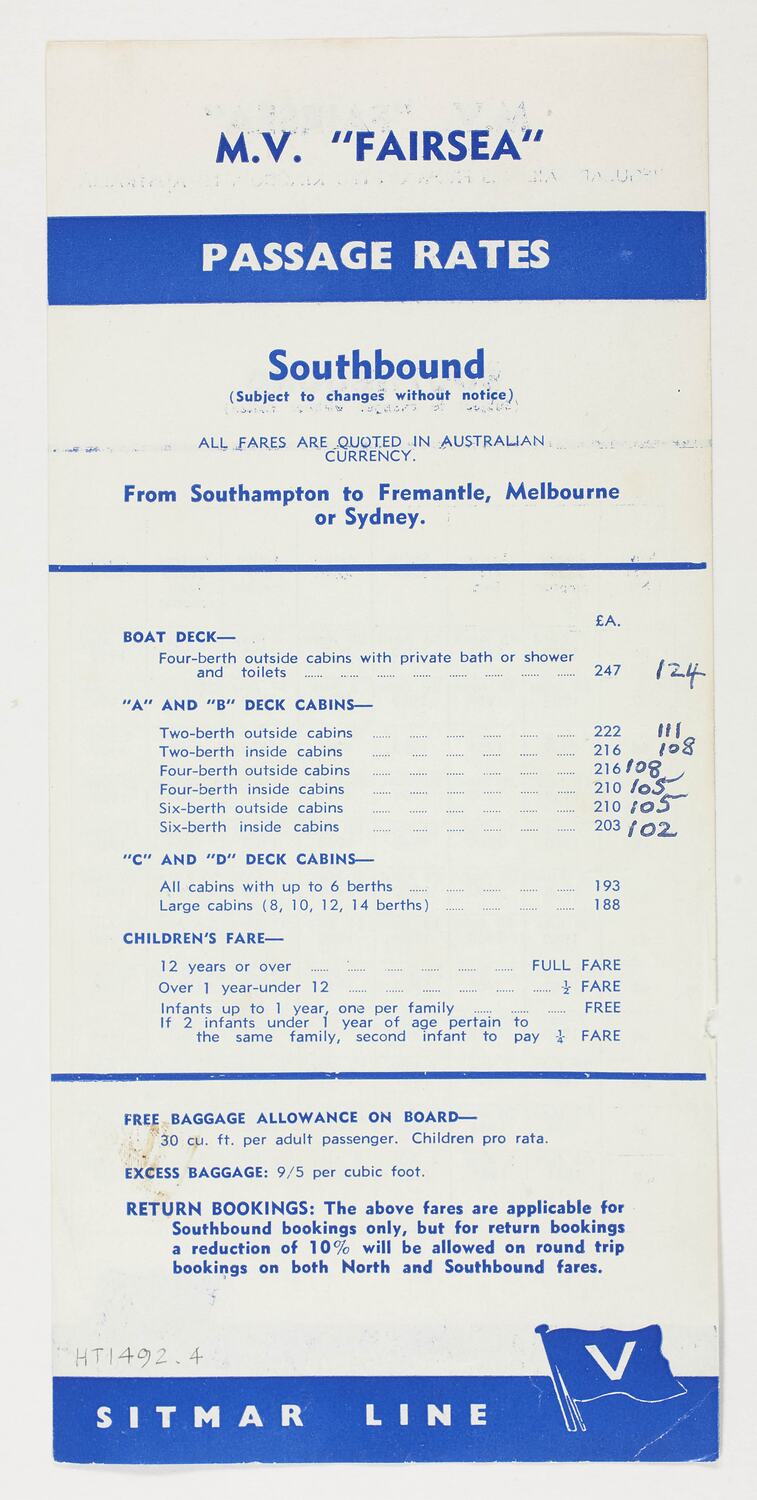 Leaflet - MV Fairsea, Passage Rates Southbound, 1959
