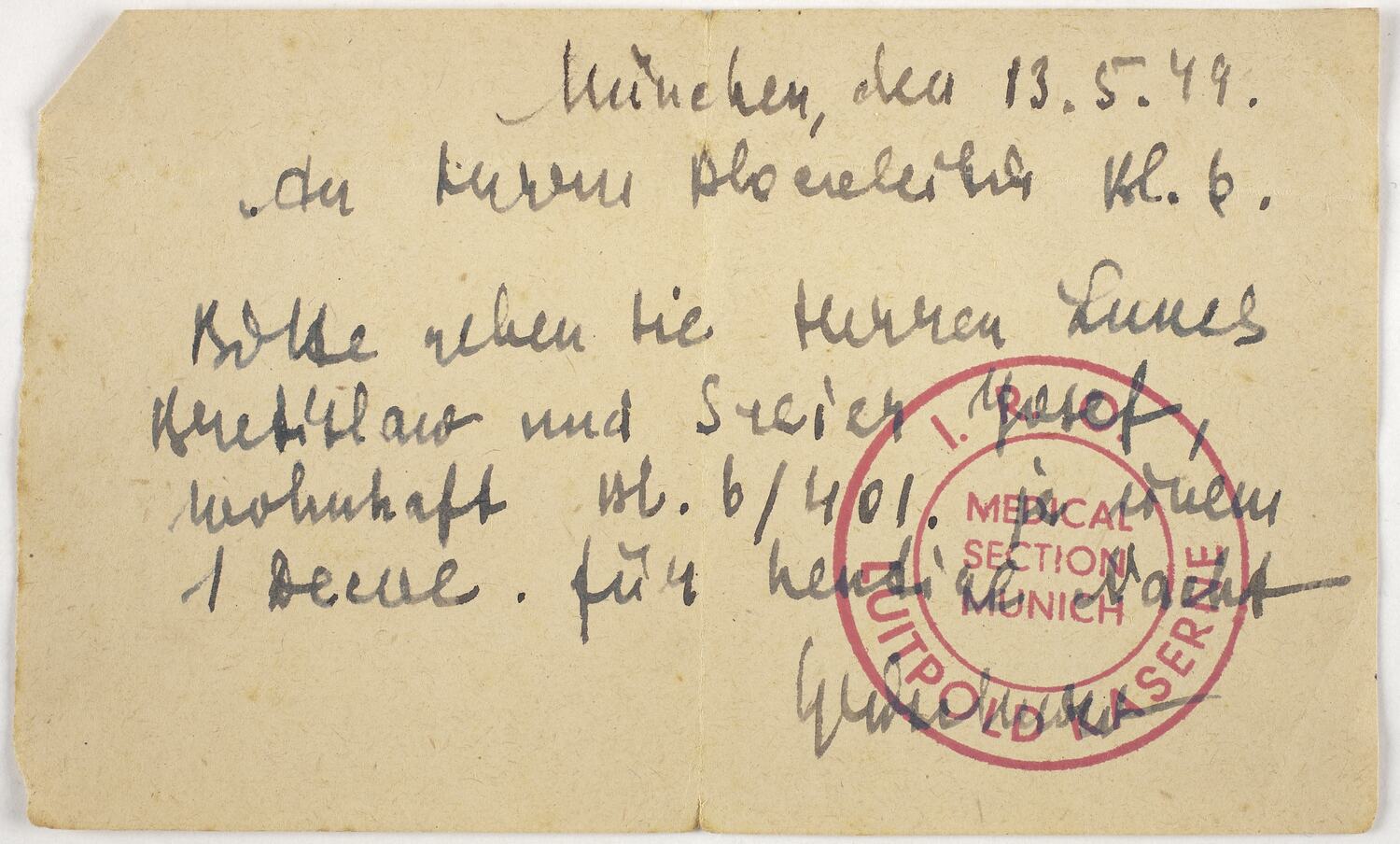 Note - Handwritten Message, German, 13 May 1949