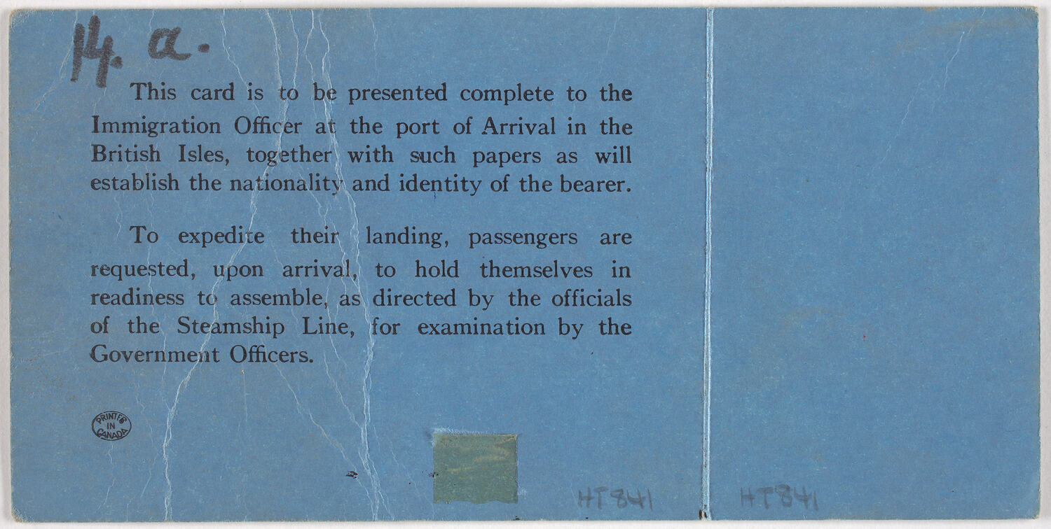 Card - Immigration Regulations Landing Card, Issued to Julius Toth, 1957