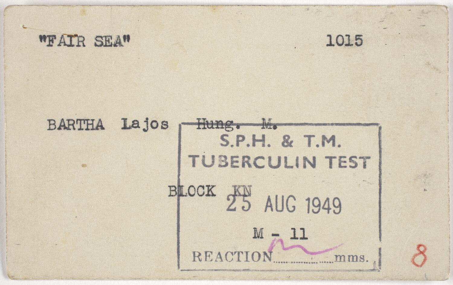Card - Tuberculosis Test, Issued to Loy Bartha, 25 Aug 1949