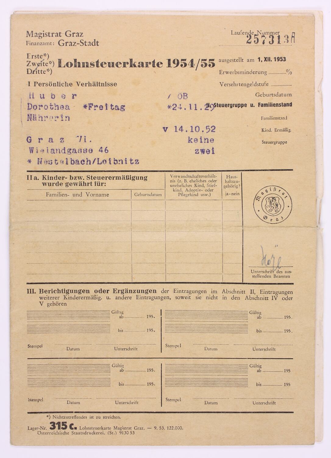 Income Tax Card - 'Lohnsteuerkarte', Dorothea Huber, Austria, 1954-1955