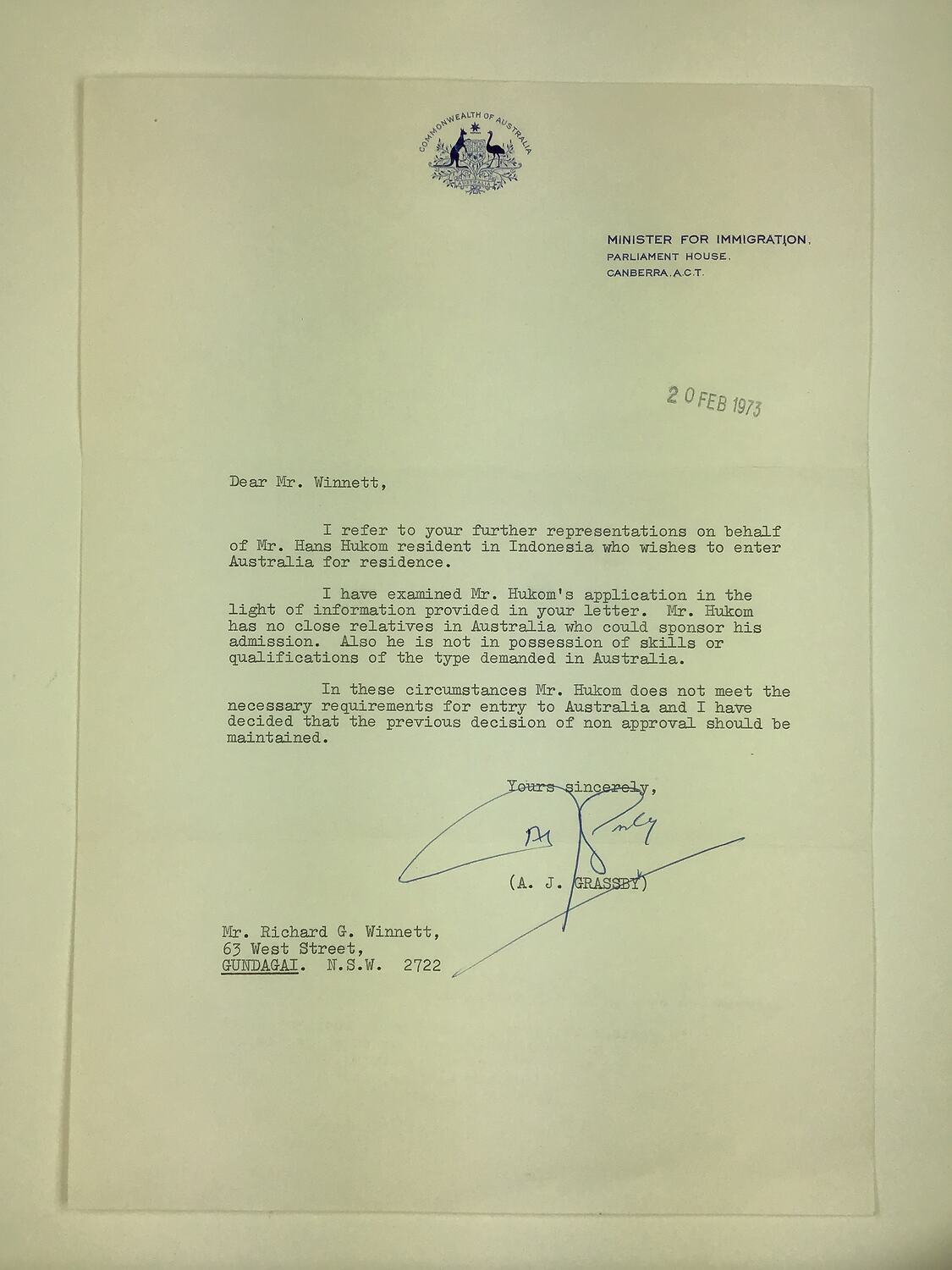 Letter - A.J. Grassby, Immigration Minister To Richard Winnett, Gundagai, NSW, 20 Feb 1973