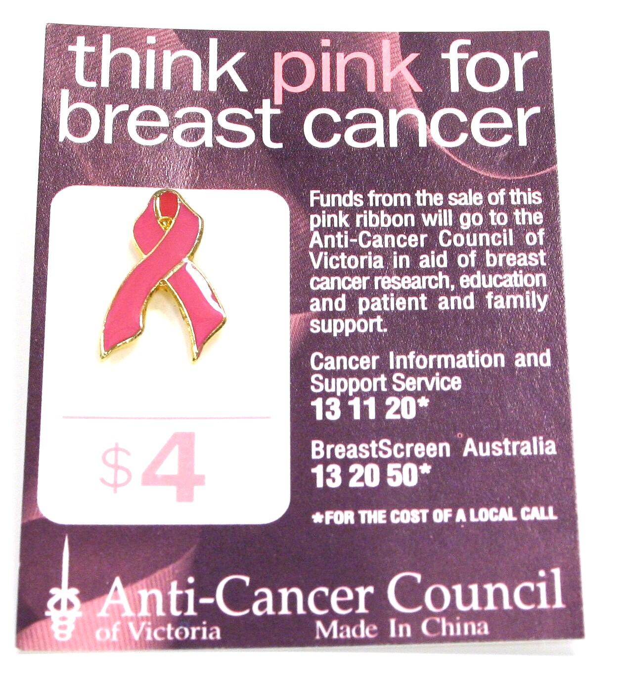 Lapel Pin - Pink Ribbon, Anti-Cancer Council, circa 2004