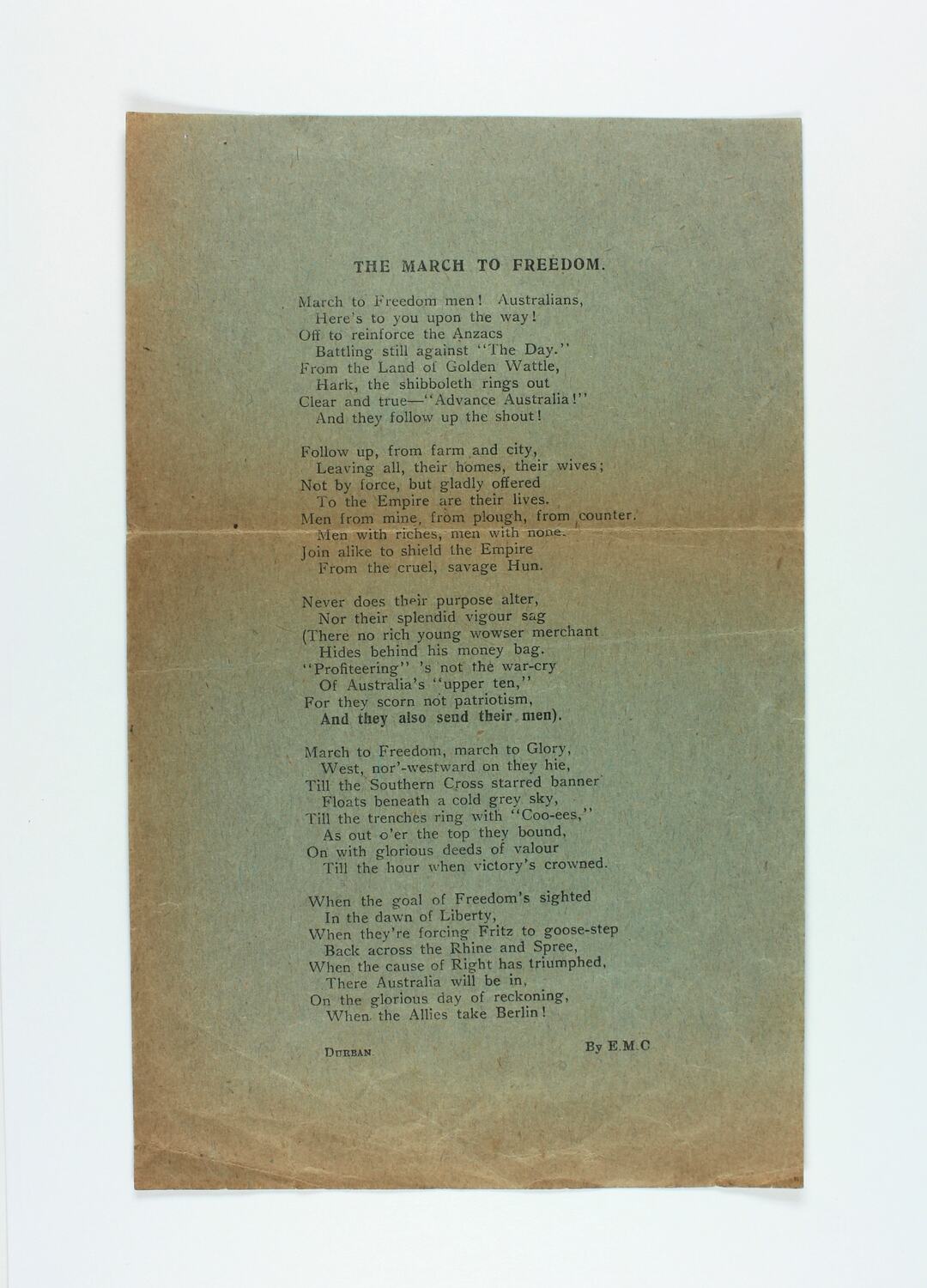 Poem - 'The March to Freedom', Ethel M. Campbell, World War I, circa 1917