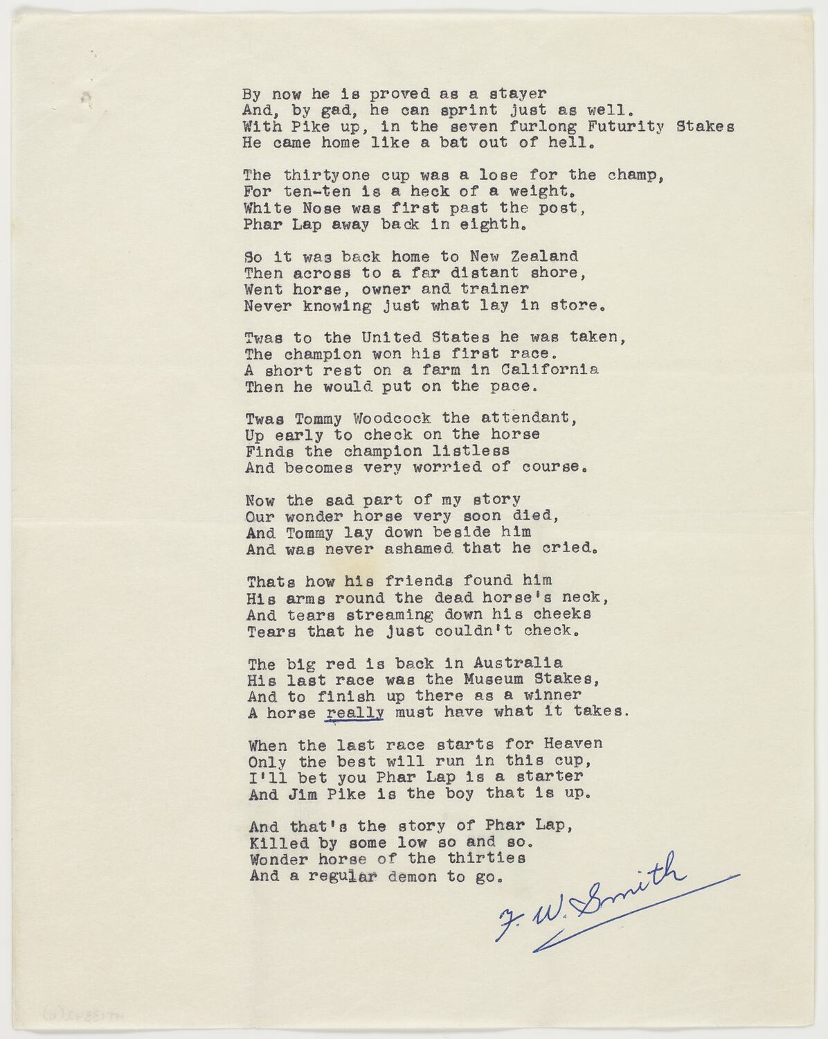 Poem - F.W. Smith, 'The Story of Phar Lap', Page Two,1930s