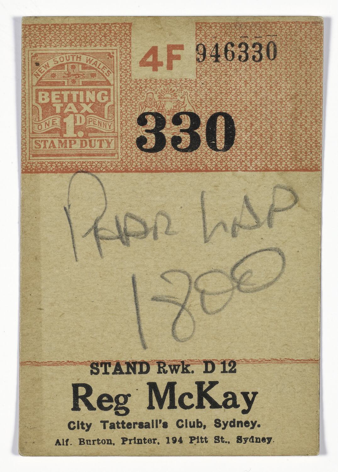 Betting Ticket - Phar Lap, Randwick Racecourse, 1930