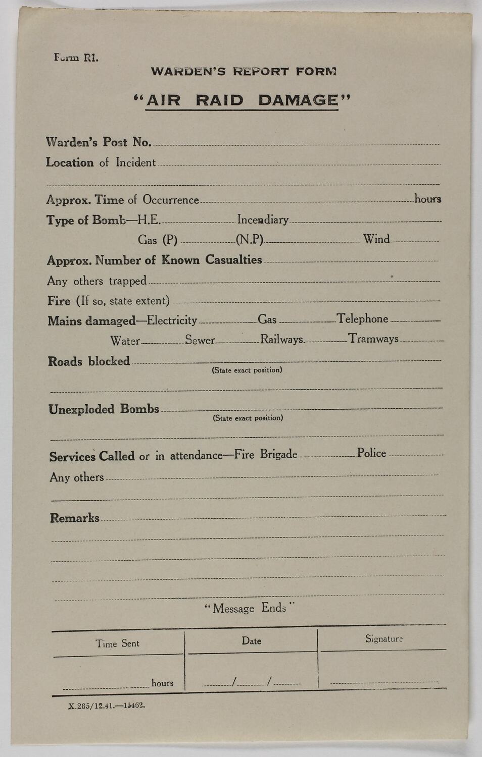Form - Warden's Report, 'Air Raid Damage', World War II, 1939-1945