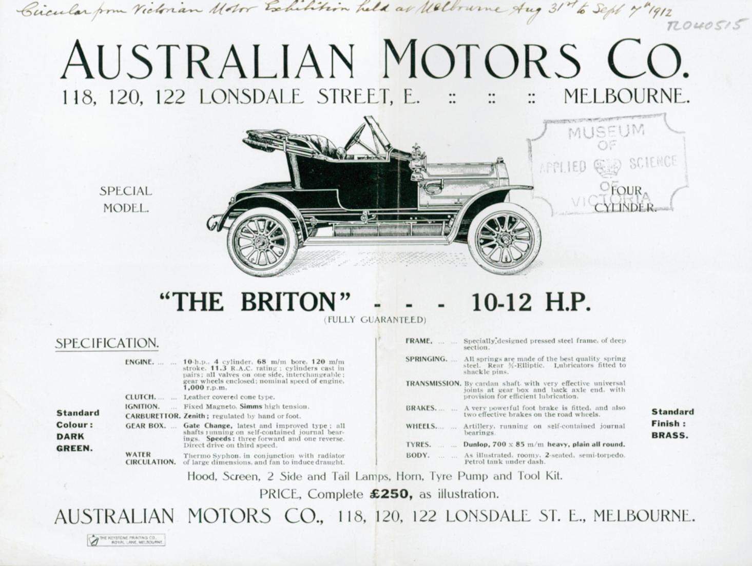 Specification Sheet - Australian Motors Co., 'The Briton 10-12 H.P', 1912