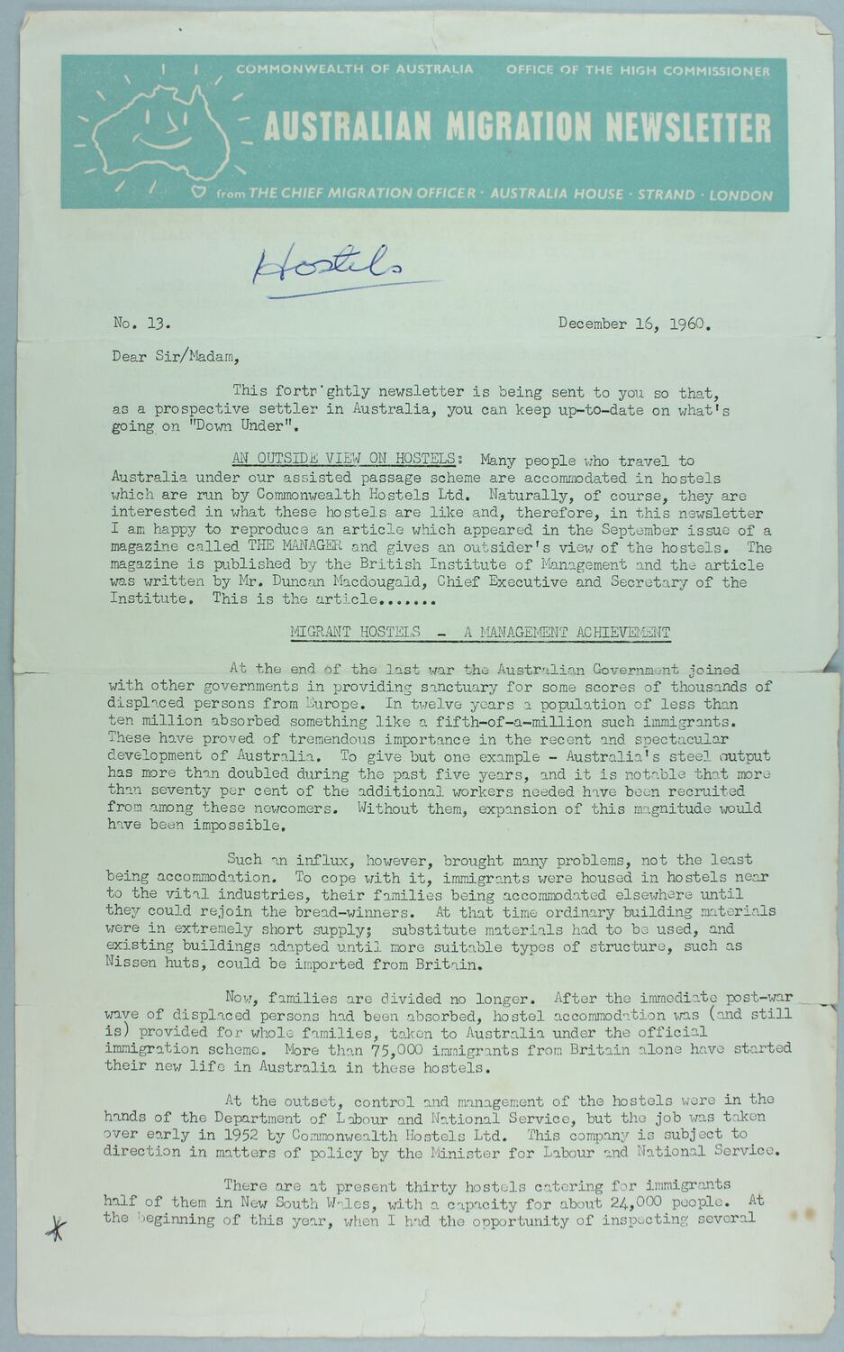 Newsletter - 'Australian Migration Newsletter', 16 Dec 1960