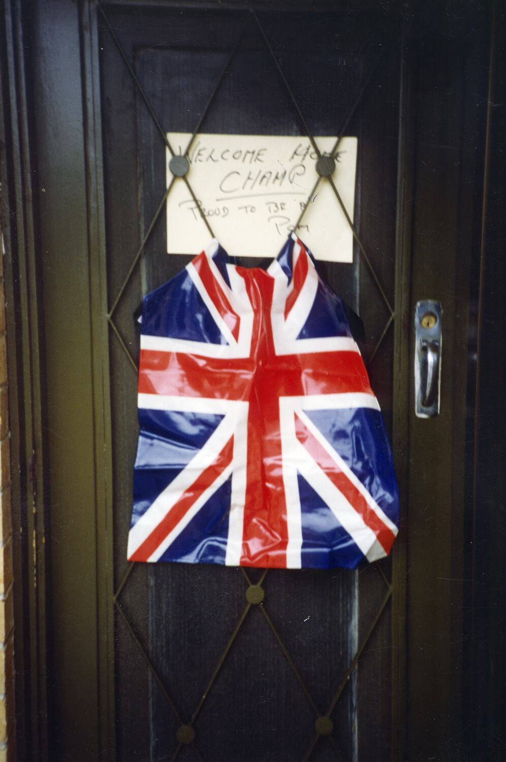 Digital Photograph - Union Jack Flag & Sign on Door, Lalor, 1993