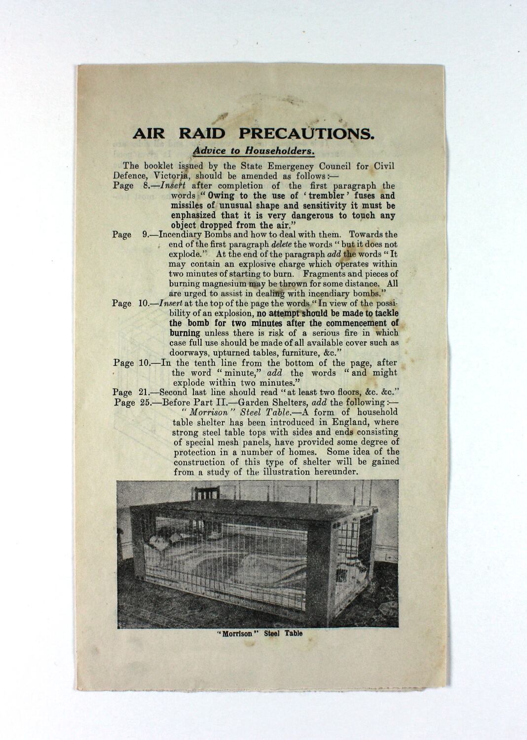 Leaflet - 'Air Raid Precautions, Advice to Householders', Amendments ...